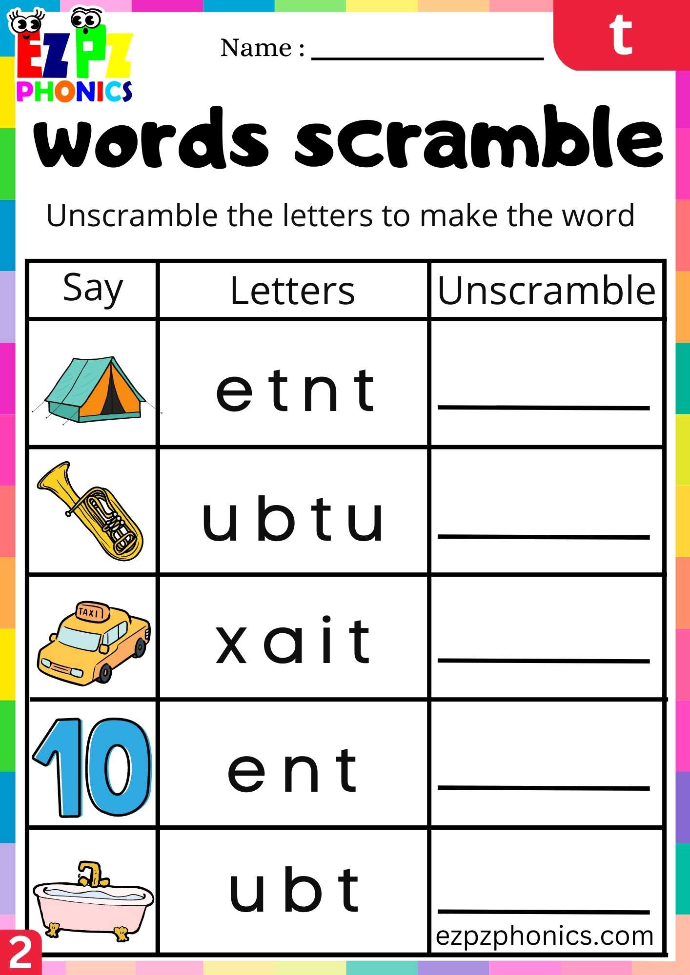 Group2 Letter T Words Scramble Beginning Sounds Worksheet - ezpzphonics.com